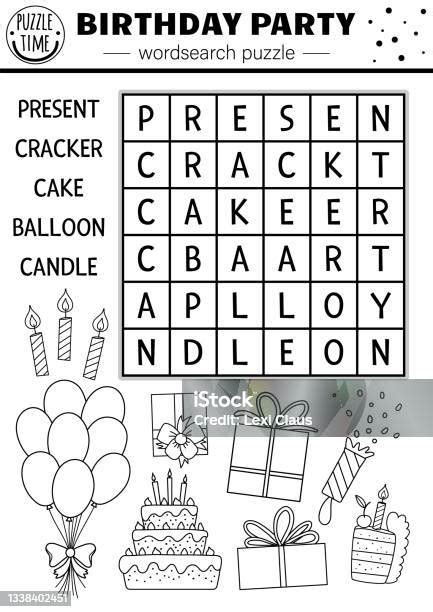 아이들을위한 벡터 흑백 생일 파티 워드 서치 퍼즐 선물 케이크 풍선 촛불 간단한 휴일 크로스 워드 퍼즐 교육 기념일 축하 키워드
