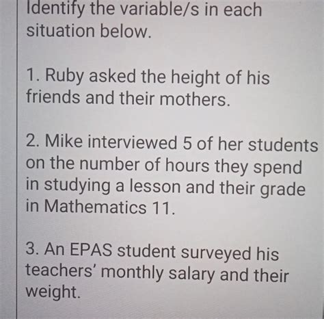 solved identify the variable s in each situation below 1 ruby asked the height of his friends