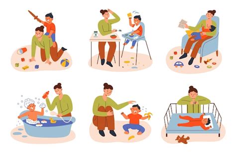 Mamá cuidando a su hijo conjunto de composiciones dibujadas a mano con escenas de crianza de