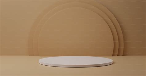 베이지색 파스텔 배경에 밝은 원형 연단의 3d 렌더링 둥근 받침대가 있는 추상적인 배경 제품을 보여주기 위한 빈 무대 사진