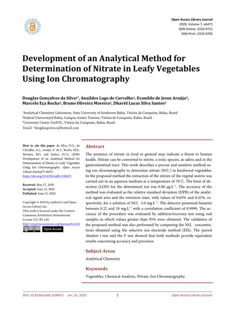 Pdf Development Of An Analytical Method For Determination Of Nitrate In Leafy Vegetables Using