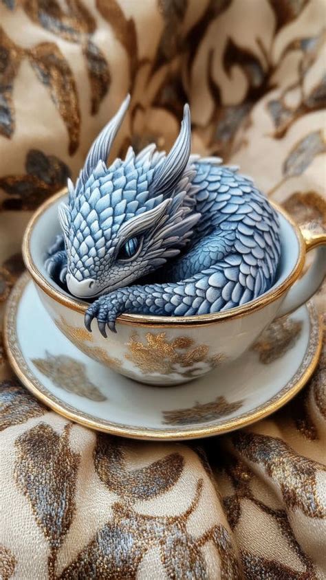 A Detailed Tiny Dragon Curled Up Inside A Teacup Scales Shimmering