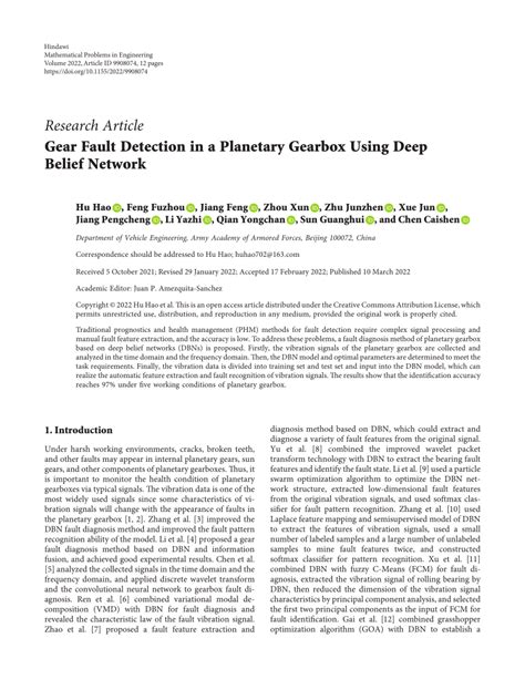 Pdf Gear Fault Detection In A Planetary Gearbox Using Deep Belief Network