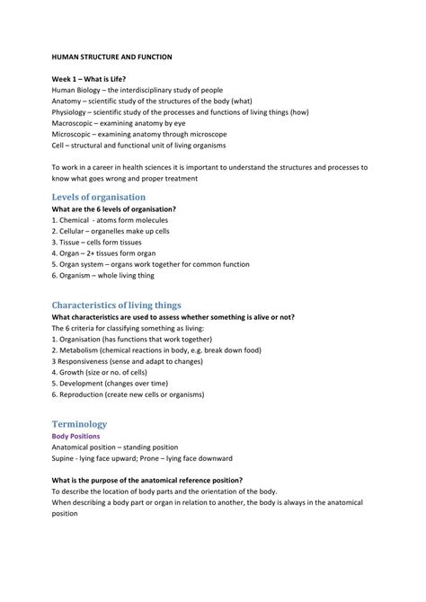 Human Structure And Function Notes Humb1000 Human Structure And