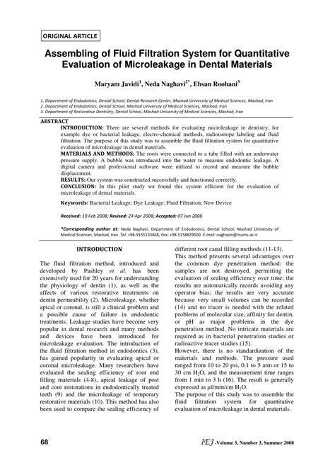 Pdf Assembling Of Fluid Filtration System For Quantitative Evaluation Of Microleakage In