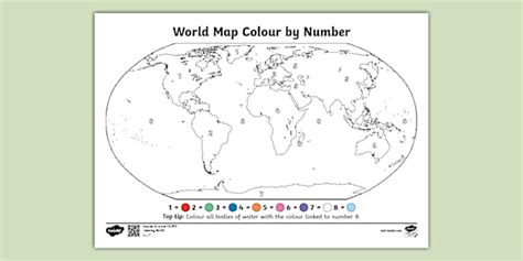 World Map Colour By Number Activity Geography Twinkl Ks1