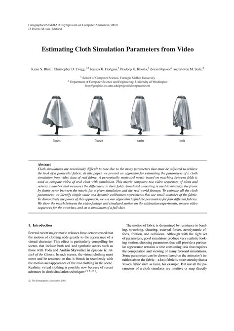 cloth simulation parameters eurographics siggraph symposium on