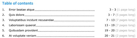 table of contents dots line from text to page number · questpdf