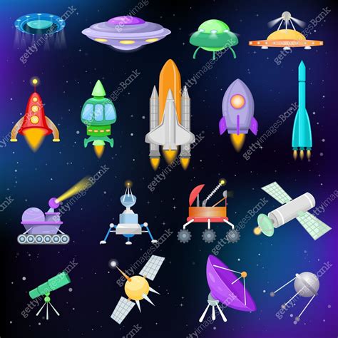 Rocket Vector Spaceship Or Spacecraft With Satellite And Spacy Ufo