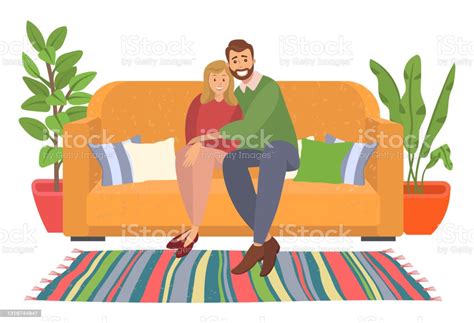 소파에 앉아 껴안고 있는 부부 남자와 여자 함께 휴식 에 편안한 소파 에 집 가공의 인물에 대한 스톡 벡터 아트 및 기타 이미지 가공의 인물 가정의 방 가족 Istock