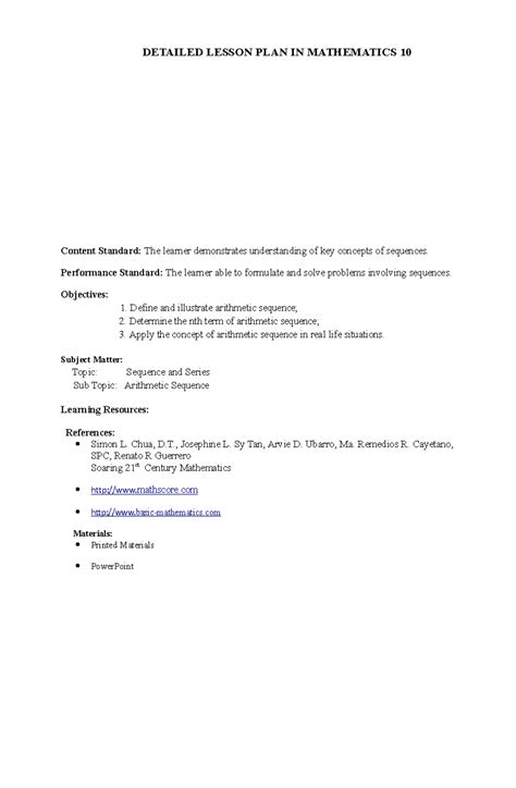 Sequence And Series Sample Lesson Plan Grade 10 Math Detailed Lesson Plan In Mathematics 10