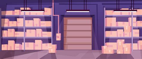 만화 창고 내부입니다 판지 상자가 있는 랙 상품 다양한 소포가있는 선반 차고 문 실내 창고 산업용 창고 보관 물류 배송 벡터 그림 저장고 일터에 대한 스톡 벡터 아트 및