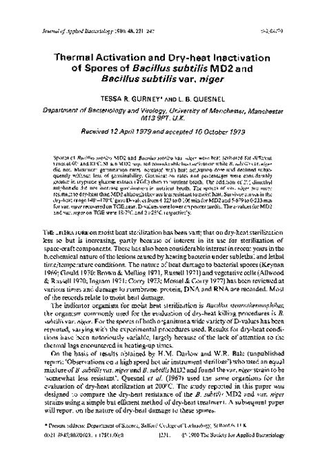 Pdf Thermal Activation And Dry Heat Inactivation Of Spores Of