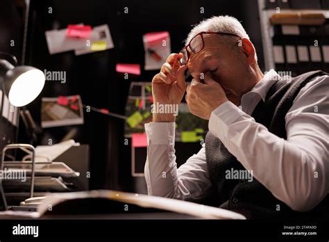 Tired Elderly Investigator Working Overtime In Arhive Room Analyzing Criminal Case Evidence