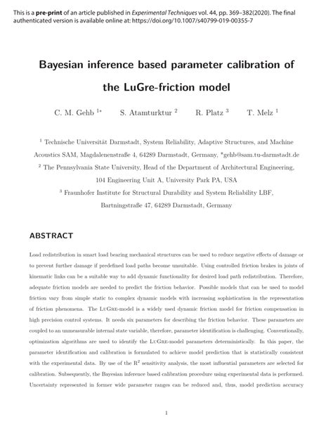 Pdf Bayesian Inference Based Parameter Calibration Of The Lugre Friction Model
