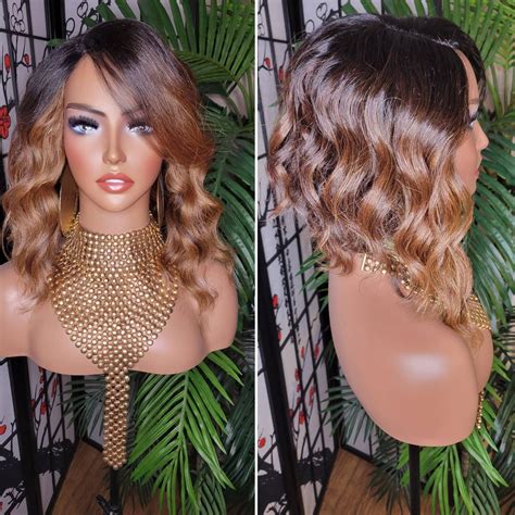 Asymmetrical Bob Hairstyle Wig Loose Wave Swoop Bang Hair Ombre Brown Honey Blonde Auburn