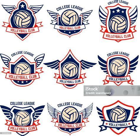 흰색 바탕에 배구 엠 블 럼입니다 배지 기호 엠 블 럼 라벨 디자인 요소입니다 Championship에 대한 스톡 벡터 아트 및 기타 이미지 Championship