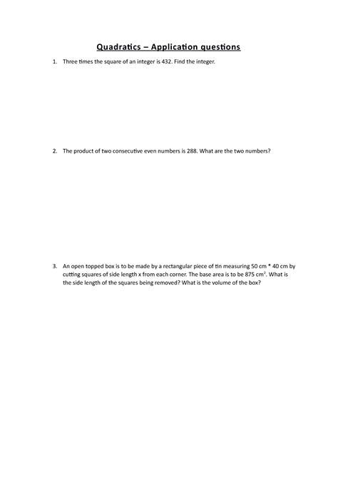 Quadratics Application Questions Quadratics Application Questions