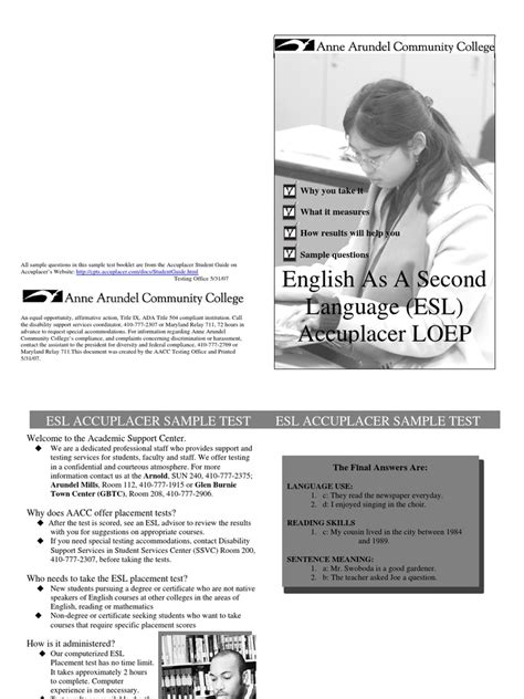 English As A Second Language Esl Accuplacer Loep Esl Placement Test Sample Pdf English As
