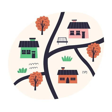 어린이 만화 지도 마을 집과 나무 프리미엄 벡터