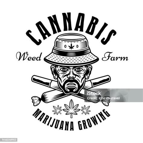 마리화나 성장 벡터 엠블럼 배지 라벨 또는 로고 버킷 모자에 스토너 머리와 두 개의 교차 잡초 관절 흰색 배경에 격리된 빈티지 흑백 스타일의 그림 남자에 대한 스톡 벡터