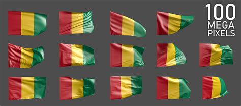 회색 배경에 고립 된 기니 플래그의 다양한 사진의 많은 개체의 3d 그림 3차원 형태에 대한 스톡 사진 및 기타 이미지 3