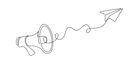 하나의 연속적인 선 그리기에 있는 청원 개념 라우드 스피커와 간단한 선형 스타일의 종이 비행기가있는 스피커 메가폰은 편집 가능한 스트로크의 기호를 알립니다 낙서 벡터