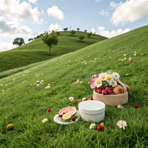 Hill Scene With Green Lawn And Space For Product Display Stock