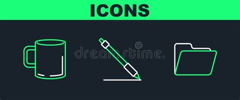 Set Line Document Folder Coffee Cup Flat And Pen Line Icon Vector Stock Vector Illustration