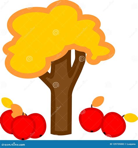 Cartoon Apple Tree With Yellowed Leaves And Ripe Red Apples Stock Vector Illustration Of