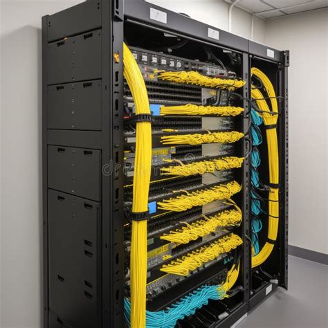 Fiber Optic Cables Plugged In Network Switch Panel Inside Data Center Stock Illustration