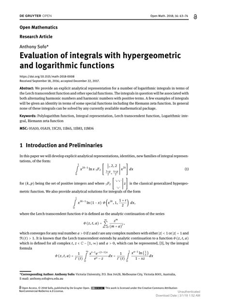 Pdf Evaluation Of Integrals With Hypergeometric And Logarithmic Functions