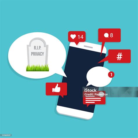 소셜 미디어 개념 바이러스 성 콘텐츠 소셜 활동 및 Smm 좋아요 공유 및 댓글이 모바일 화면에 나타나고 연설 거품과 평화로운 개인 정보 보호 텍스트에 휴식이있는 묘비와