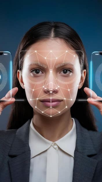 female scans face using facial recognition system on smartphone for biometric identification