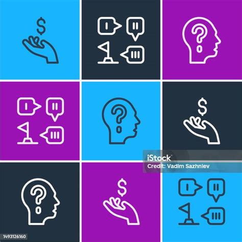 동전 돈을 들고 있는 손 물음표가 있는 머리 계획 전략 아이콘을 설정합니다 벡터 가방에 대한 스톡 벡터 아트 및 기타 이미지