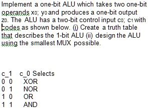 SOLVED Implement A One Bit ALU Which Takes Two One Bit Operands Xo And Yo And Produces A One