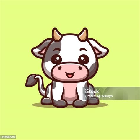 Sapi Duduk Bahagia Lucu Kreatif Kawaii Kartun Maskot Logo Ilustrasi