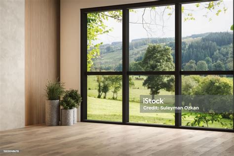 정원 3d 렌더링에 열린 문이 있는 현대적인 로프트의 빈 방입니다 방 콘크리트와 나무 판자 벽 쪽모이 세공 마룻바닥 식물 탁 트인 창문이 있습니다 0명에 대한 스톡 사진 및