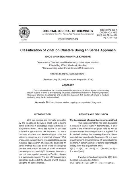 Pdf Classification Of Zintl Ion Clusters Using 4n Series Approach