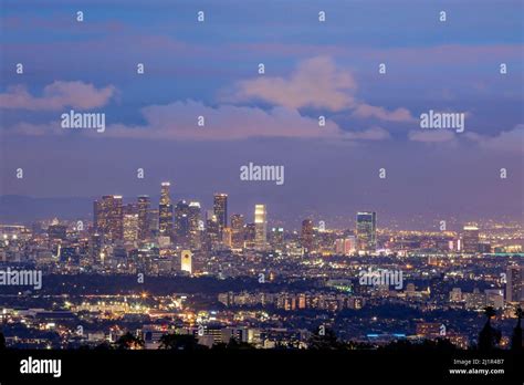 Twilight View Of Los Angeles Downtown Skyline From Getty View Park At
