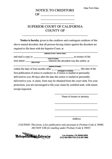 Fillable Notice To Creditors Superior Court Of California Printable