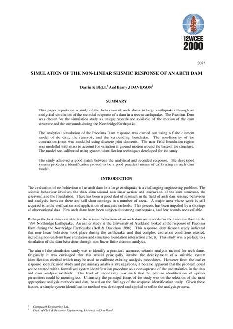 Pdf Simulation Of The Non Linear Seismic Response Of An Arch Dam Barry J Davidson