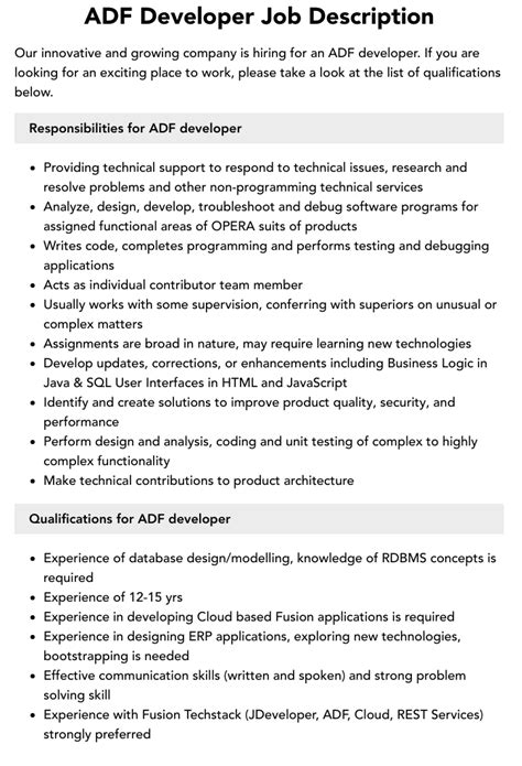 Adf Developer Job Description Velvet Jobs
