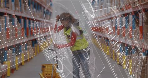 Warehouse Worker Leaning On Pallet Jack In Aisle Showing Stress With Animated Data Graphs Stock