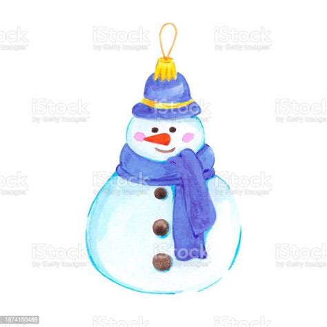 손으로 그린 수채화 눈사람은 흰색 배경에 분리된 파란색 스카프를 가지고 있다 카드 라벨 배너 및 기타 인쇄물에 사용할 수 있습니다 0명에 대한 스톡 벡터 아트 및 기타