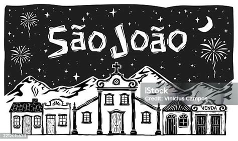 전형적인 브라질 6월 축제인 São João의 포스터 집 교회 별이 빛나는 하늘이 있는 마을 목판화 스타일 0명에 대한 스톡 벡터 아트 및 기타 이미지 Istock