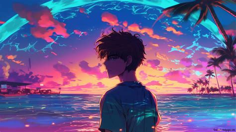 Alone Anime Boy In Front Of Beautiful Nature Sunset Sea 4k Wallpaper