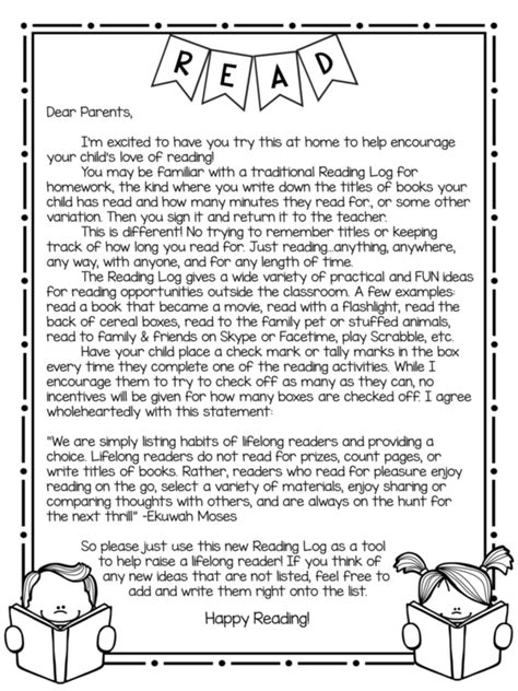 Reading Log Parent Letter Life Between Summers