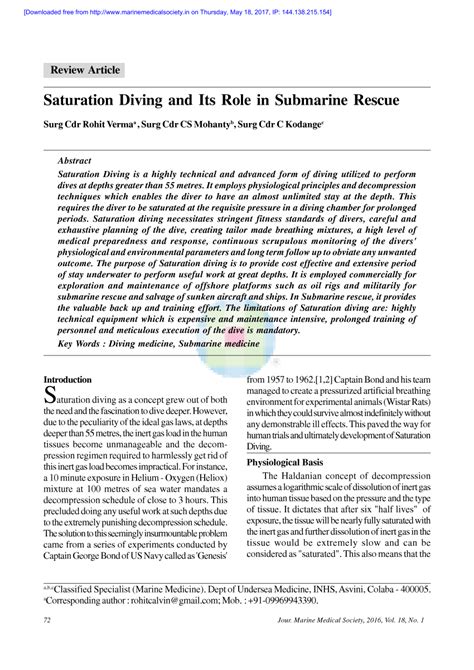Pdf Saturation Diving And Its Role In Submarine Rescue