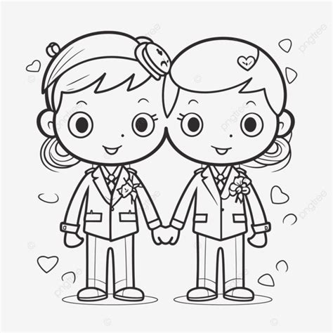 정장을 입은 두 사람 색칠하기놀이 벡터 기본 간단한 귀여운 만화 결혼 개요 흰색 배경에 고립 어린이 색칠 페이지 Png 일러스트 및 벡터 에 대한 무료 다운로드